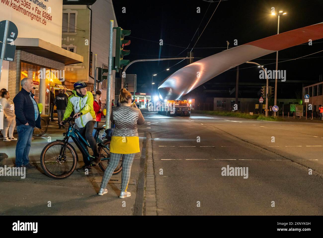 Transport of a 68 metre long, 22 tonne blade of a wind turbine, here in ...