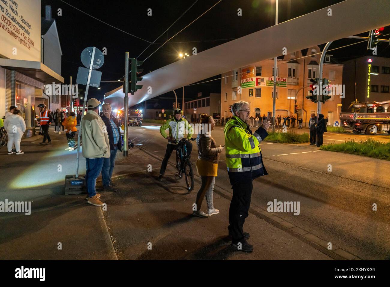 Transport of a 68 metre long, 22 tonne blade of a wind turbine, here in ...