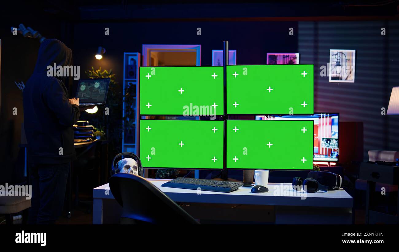 Hacker Using Isolated Screen Multi Monitor Pc Setup Doing Computer