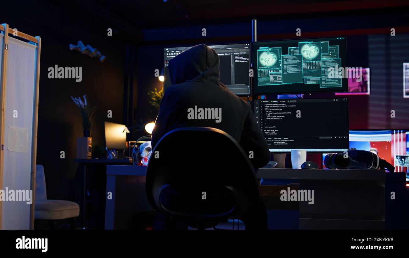 Cybercriminal fraudulently breaching security systems while hiding in ...