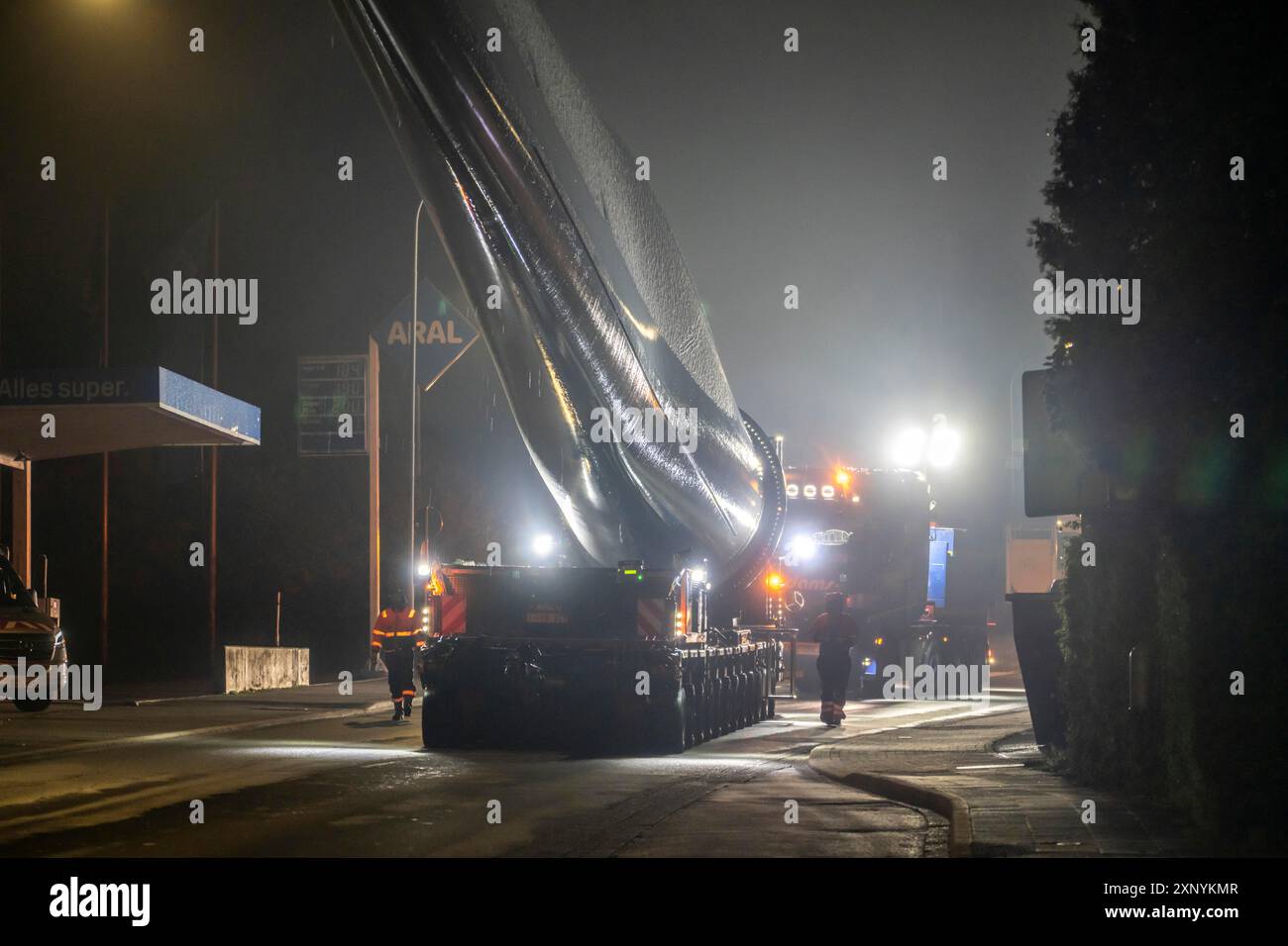 Transport of a 68 metre long, 22 tonne blade of a wind turbine, here in ...