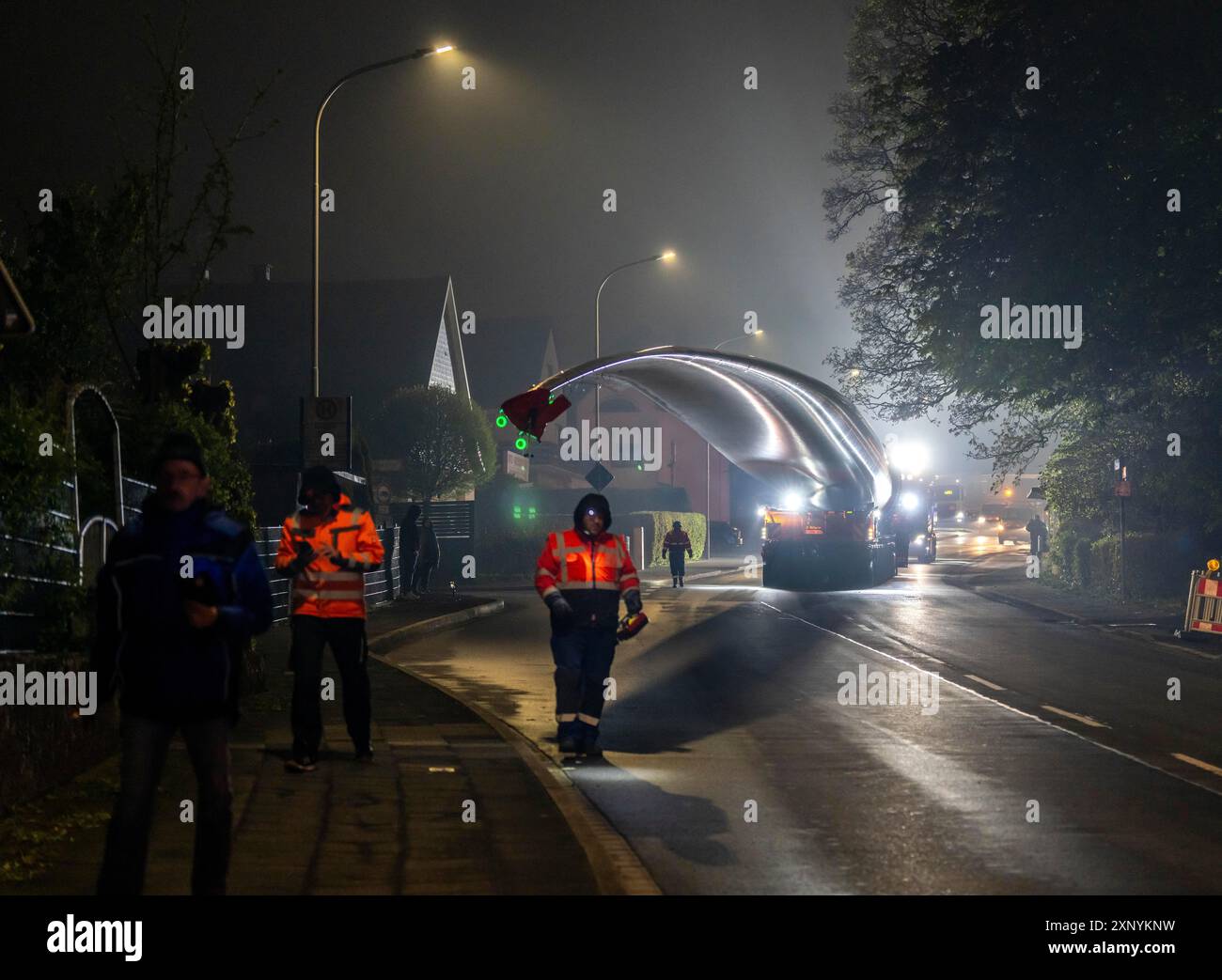 Transport of a 68 metre long, 22 tonne blade of a wind turbine, here in ...