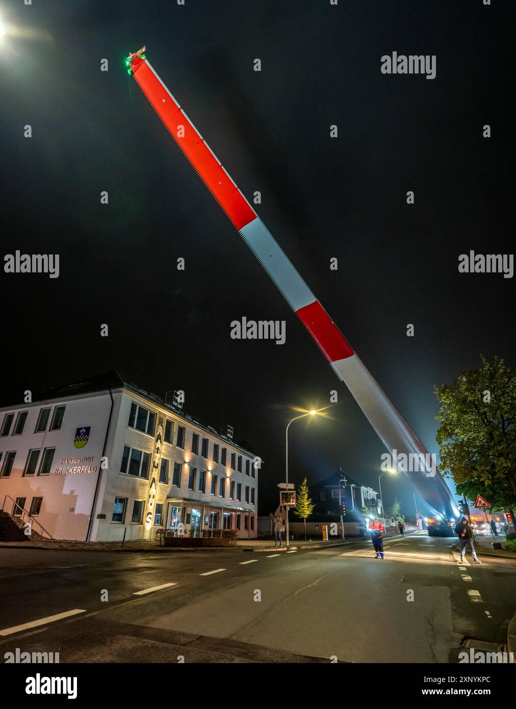 Transport of a 68 metre long, 22 tonne blade of a wind turbine, here in ...