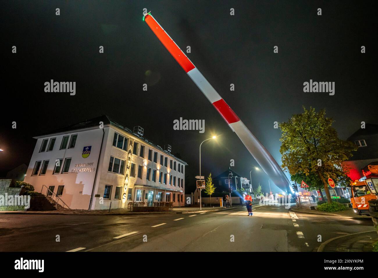 Transport of a 68 metre long, 22 tonne blade of a wind turbine, here in ...