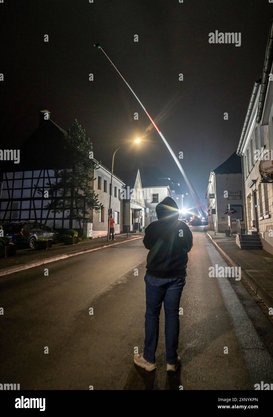 Transport of a 68 metre long, 22 tonne blade of a wind turbine, here in ...