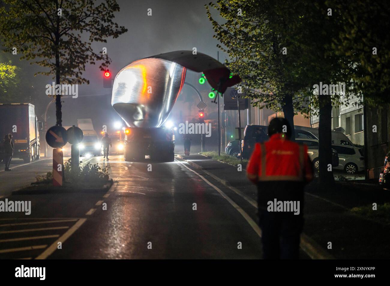 Transport of a 68 metre long, 22 tonne blade of a wind turbine, here in ...