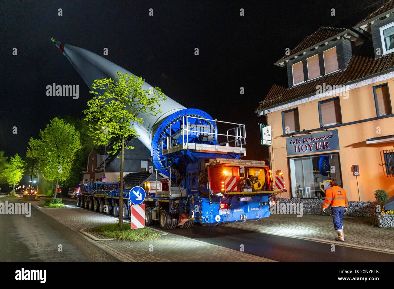 Transport of a 68 metre long, 22 tonne blade of a wind turbine, here in ...