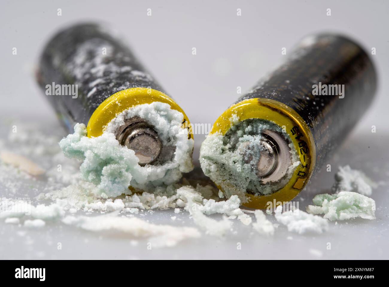 Leaked batteries, AA batteries, oxidised, leaked potassium carbonate ...