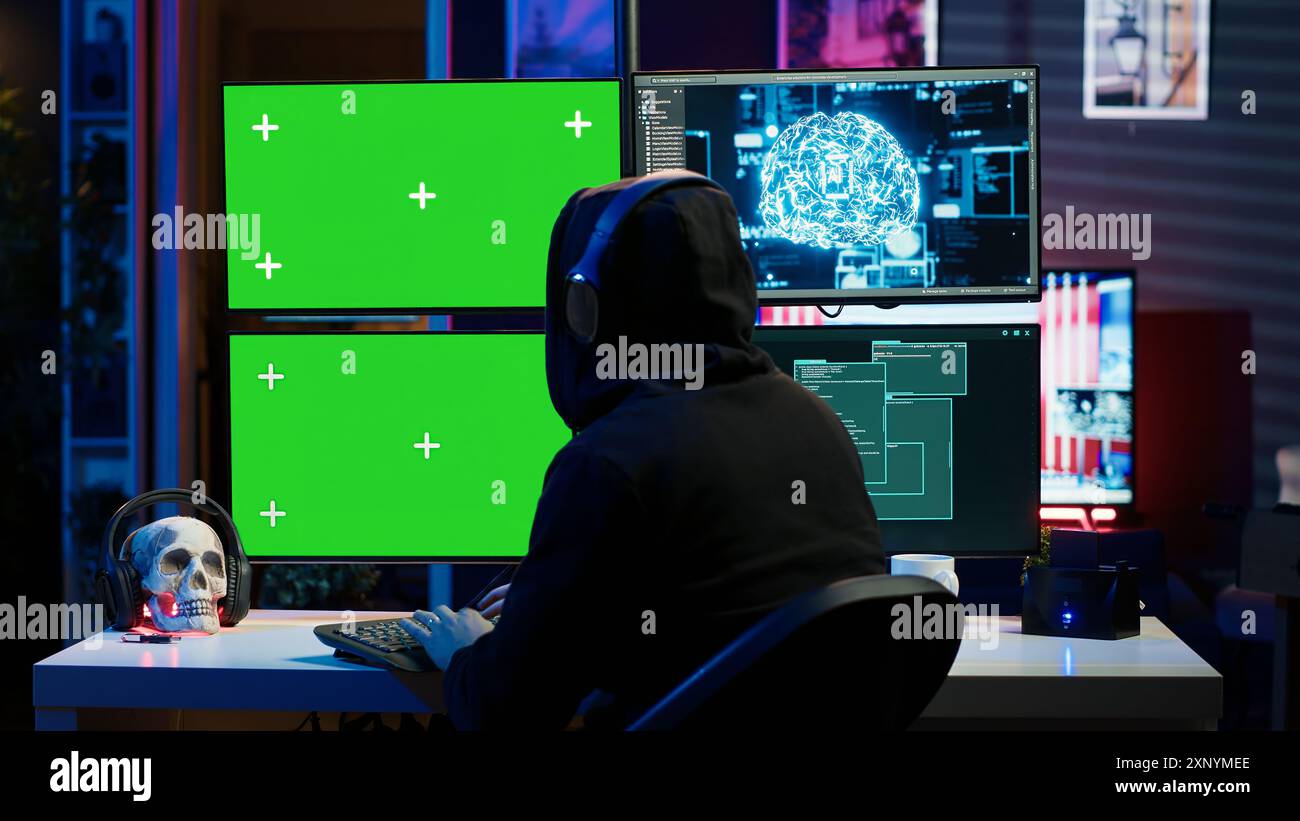 Hacker listening music while using isolated screen PC and AI to steal ...