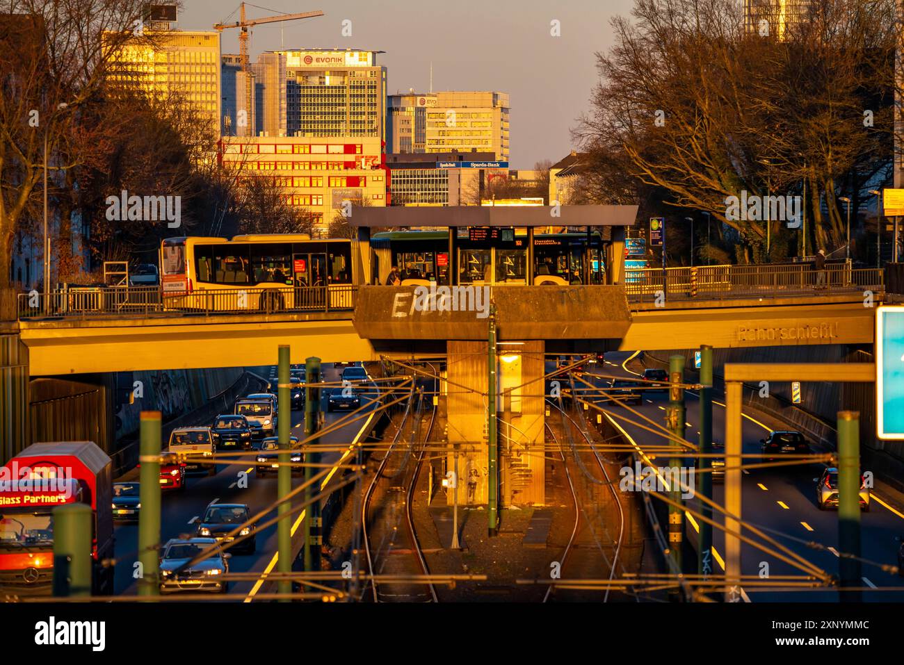 The skyline of Essen city centre, A40 motorway, Ruhr Expressway, North ...