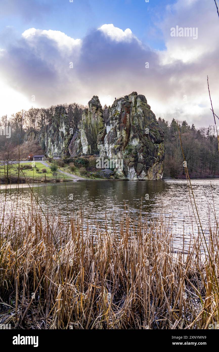 The Externsteine, a sandstone rock formation, Wiembecketeich, in the ...