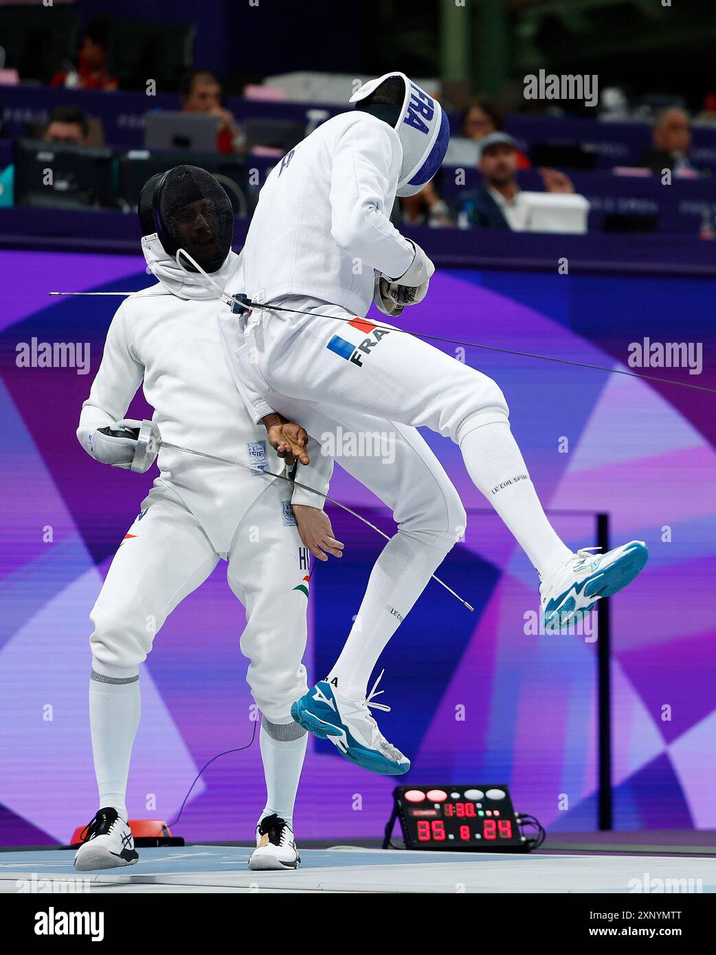 Paris, France. 2nd Aug, 2024. Tibor Andrasfi (L) of Hungary competes ...