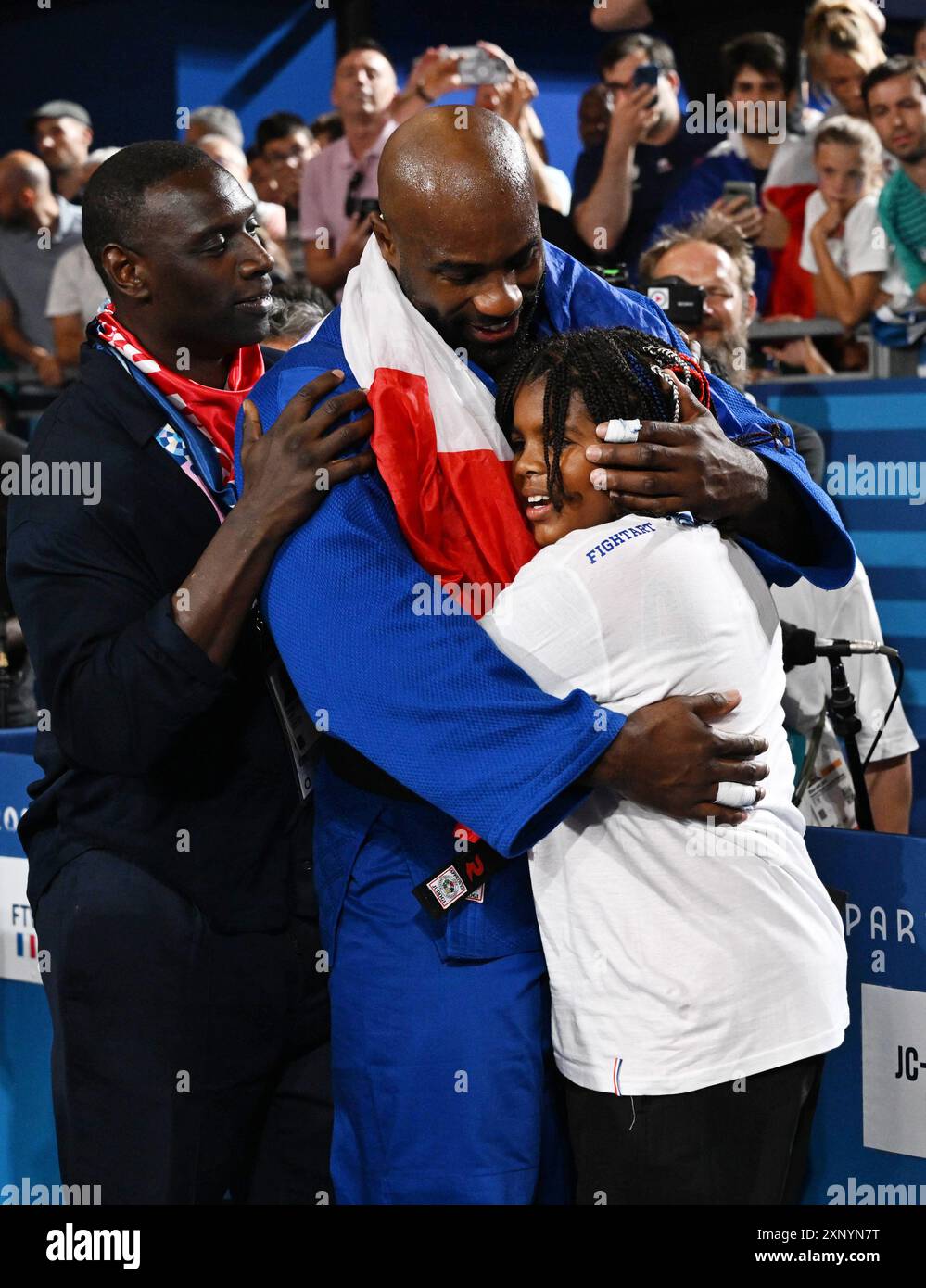 Paris, France. 2nd Aug, 2024. Teddy Riner (C) of France reacts after ...