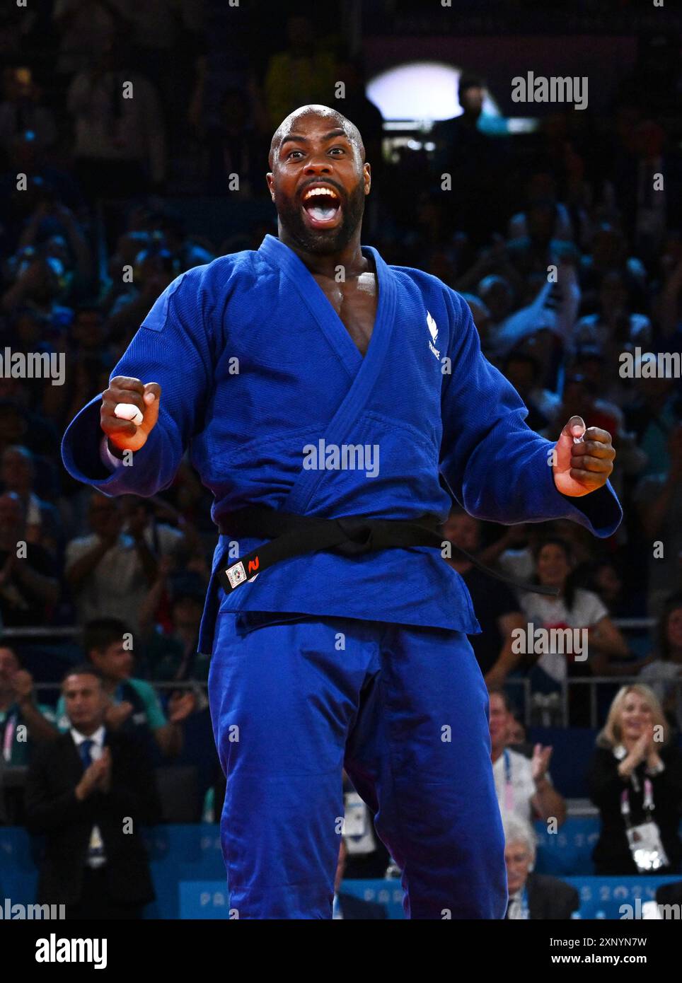 Paris, France. 2nd Aug, 2024. Teddy Riner of France celebrates after ...