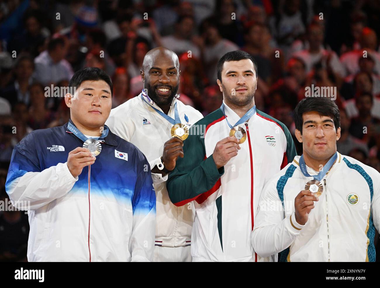 Paris, France. 2nd Aug, 2024. Gold medalist Teddy Riner (2nd L) of ...