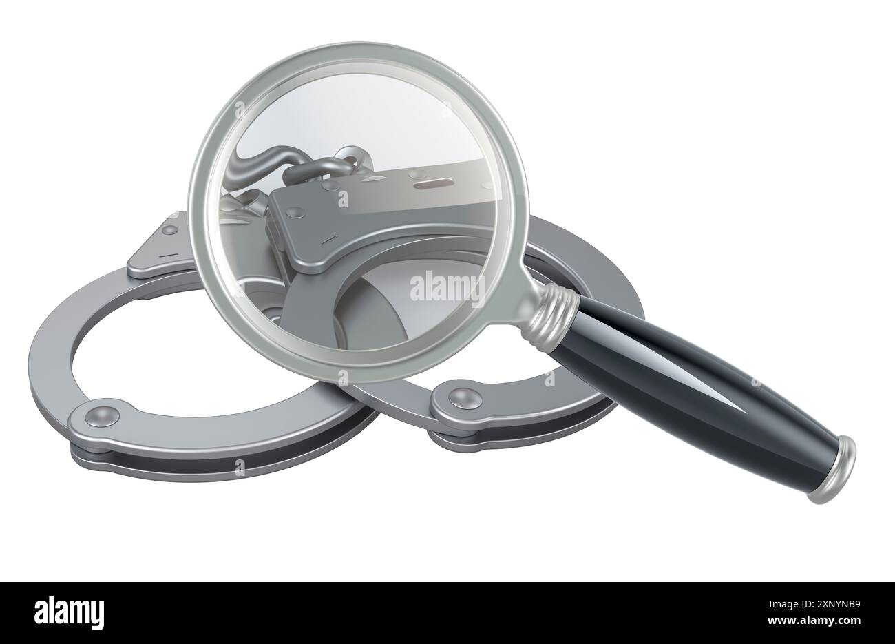 Handcuffs with loupe, magnifying glass. 3D rendering isolated on white ...