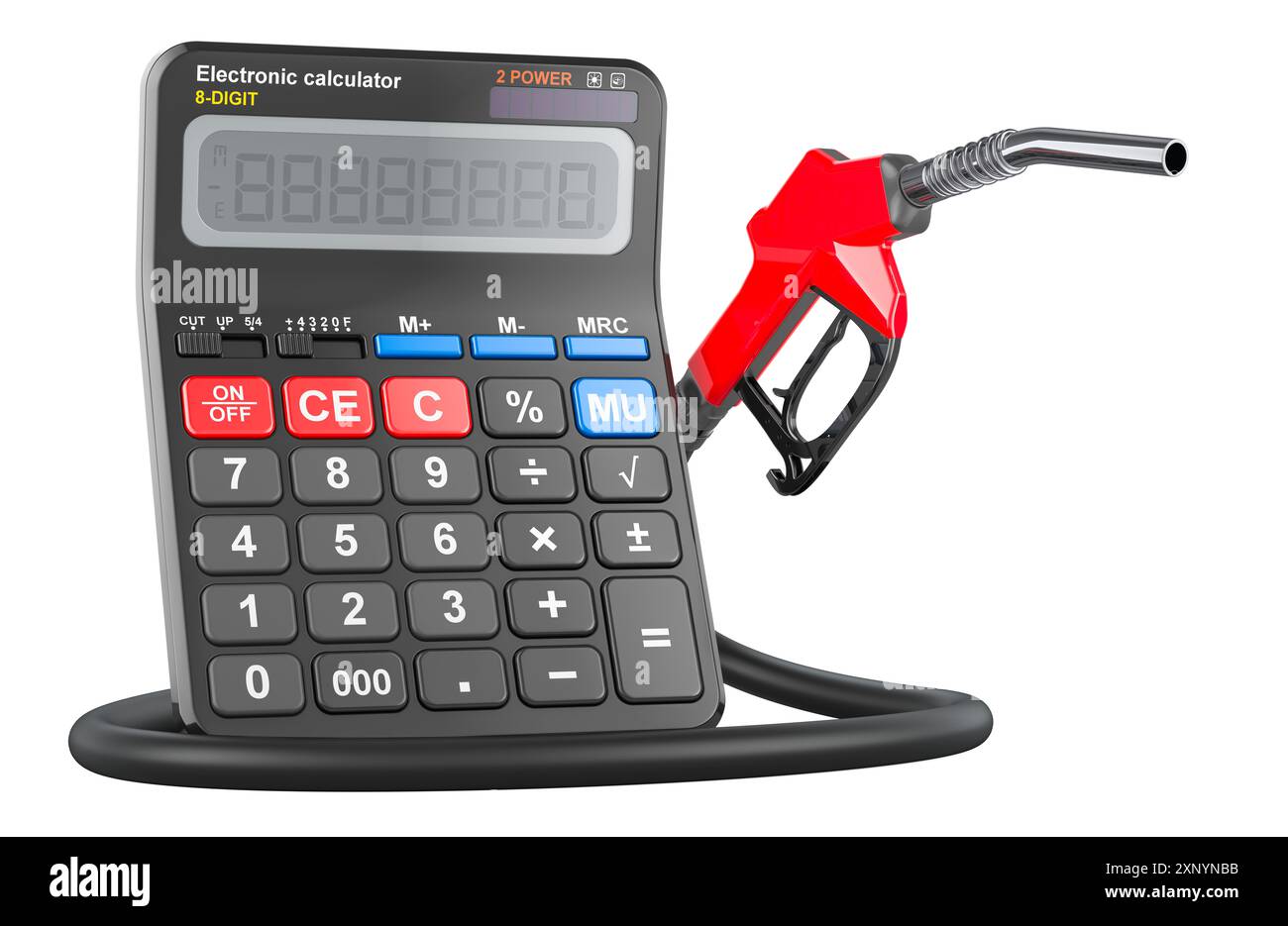 Calculator with fuel pump nozzle, 3D rendering isolated on white ...