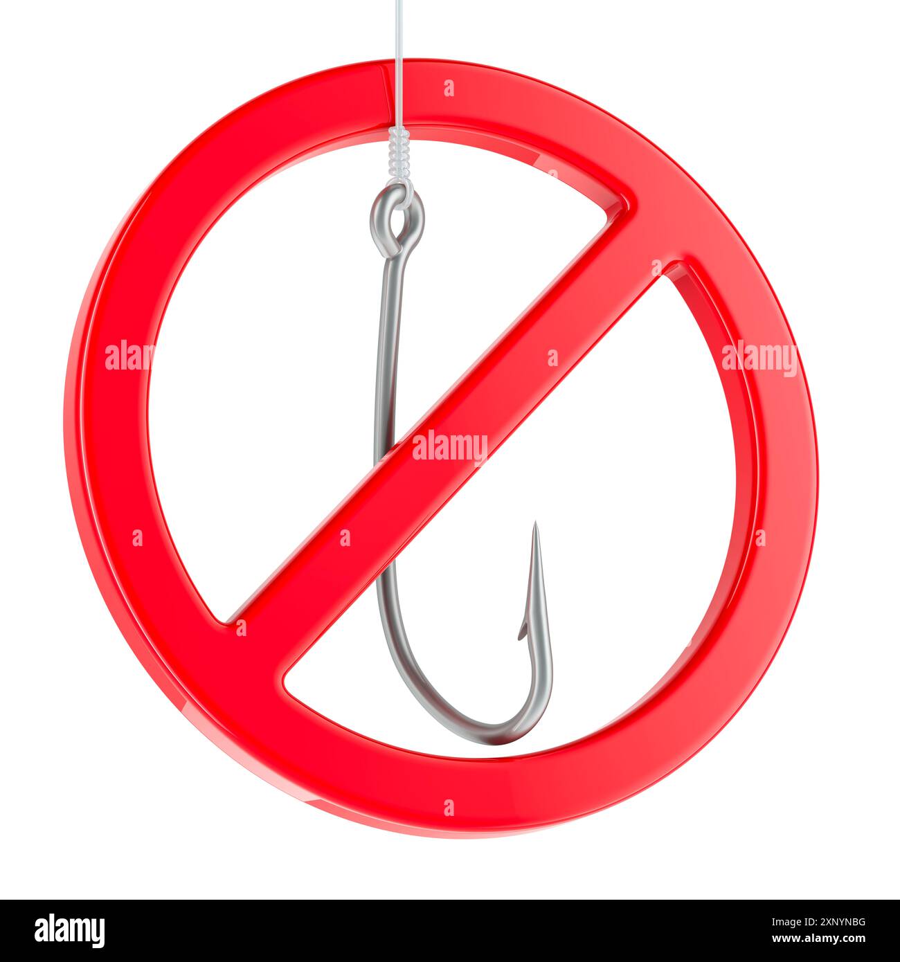 Fishing hook with prohibition sign. No Fishing sign, 3D rendering ...