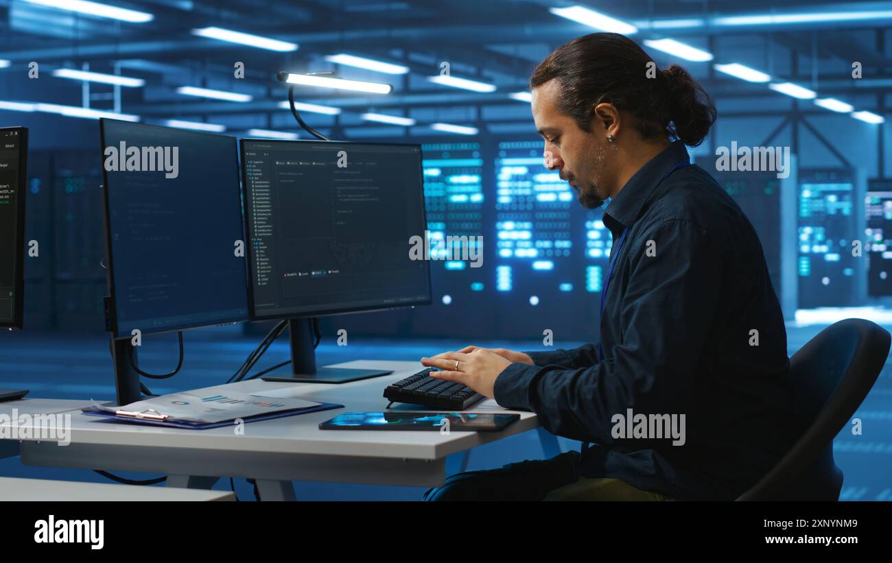 System Administrator In Server Room Doing System Analysis Coding