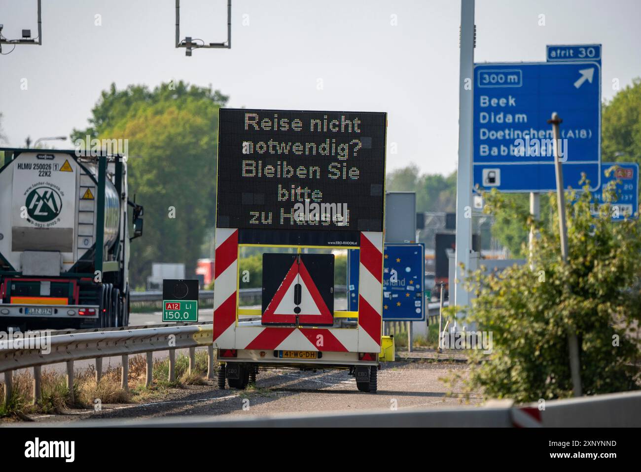 German-Dutch border at Emmerich-Elten, A3 motorway, signal board asks ...