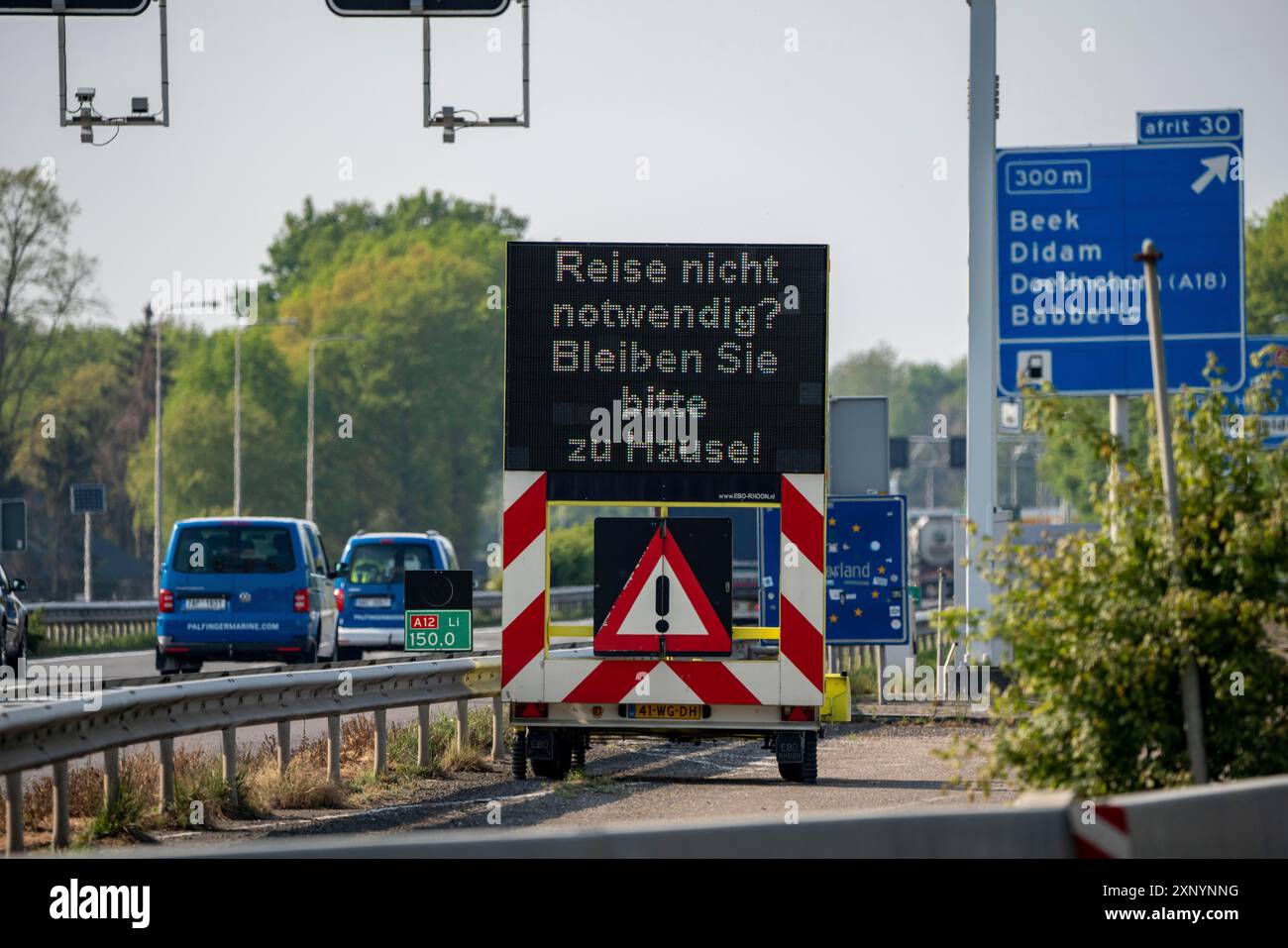 German-Dutch border at Emmerich-Elten, A3 motorway, signal board asks ...