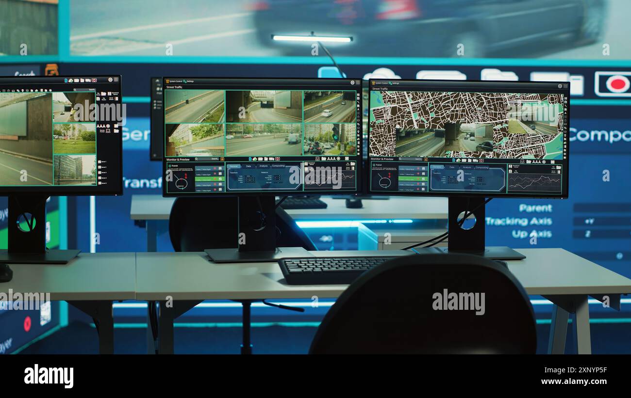 Empty observation room full of offices used in monitoring traffic ...