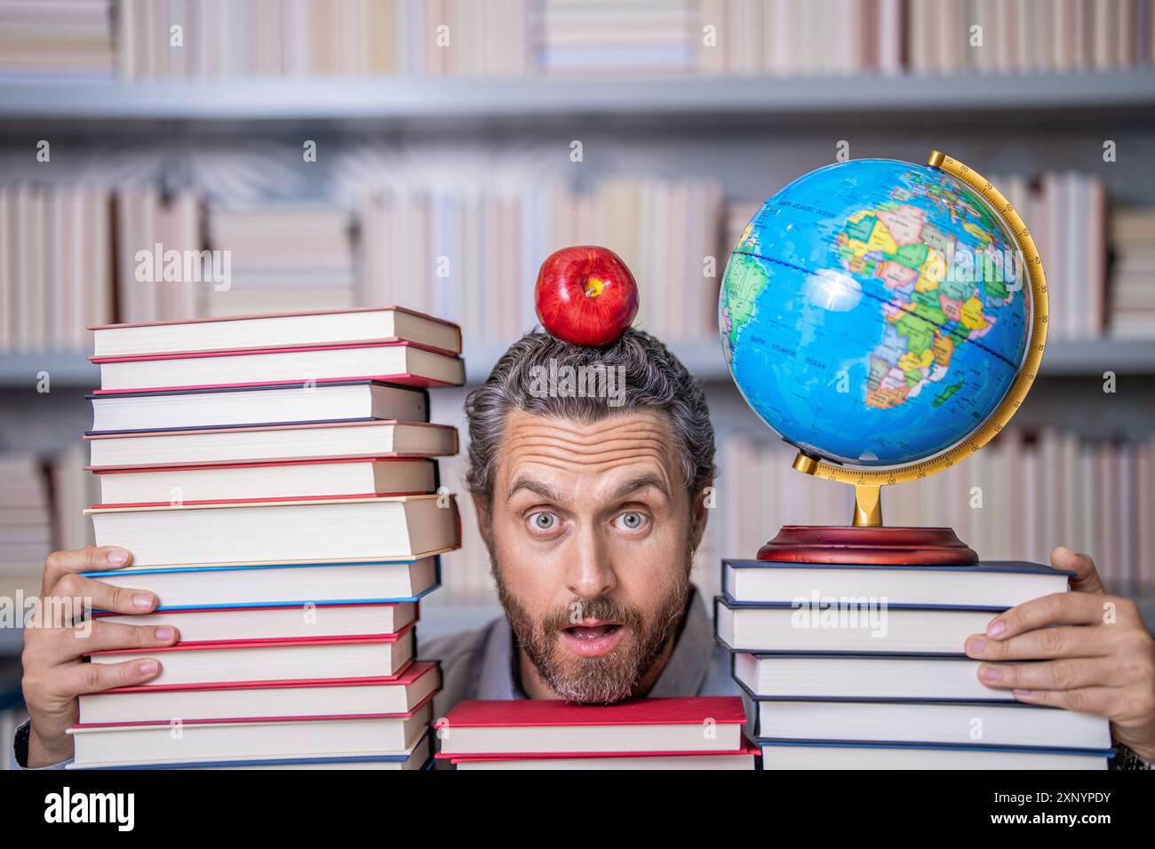 bookworm man in classroom. school teacher with book literature ...