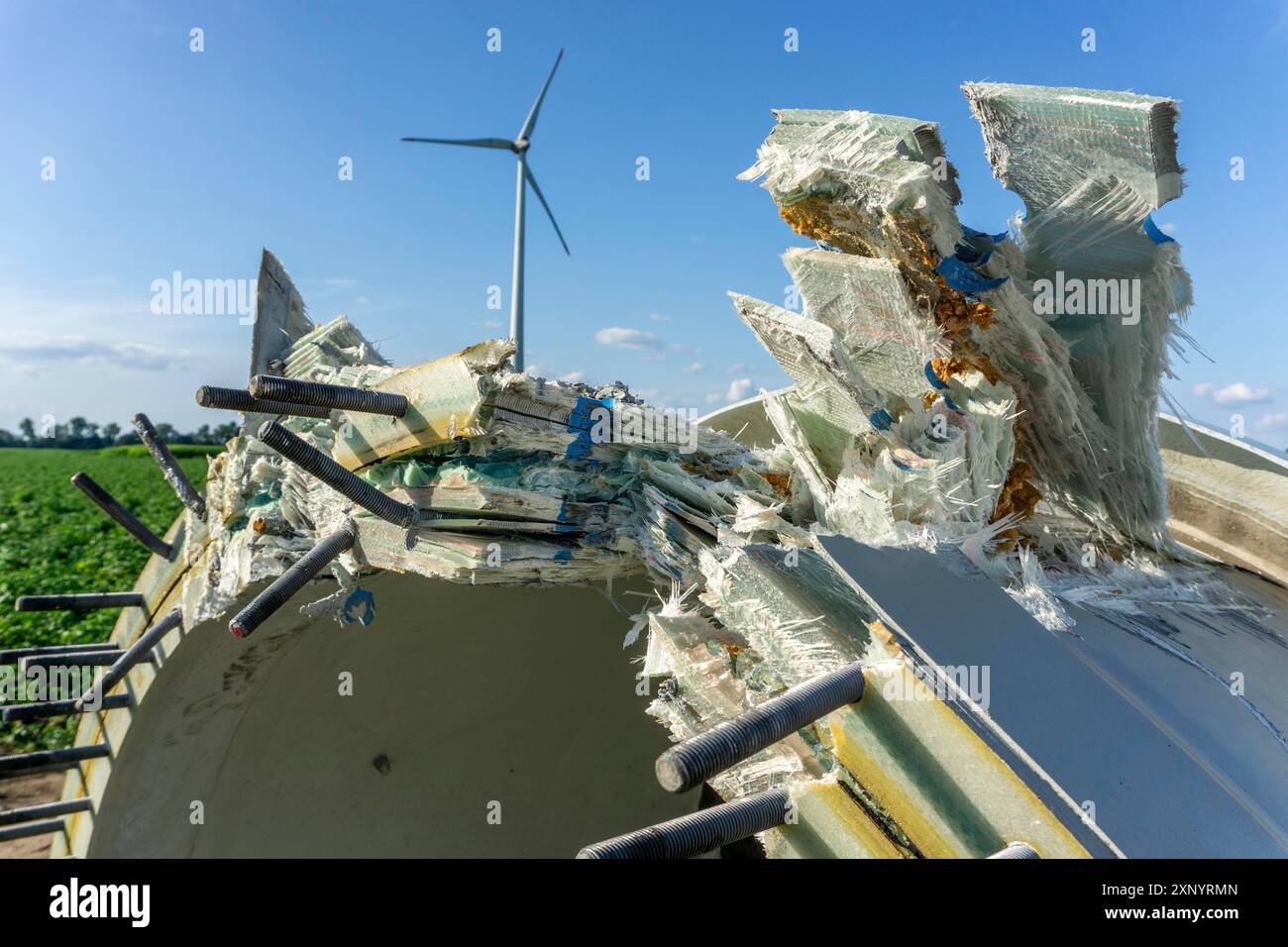 Close-up of a dismantled blade of a 23-year-old wind turbine, it ...