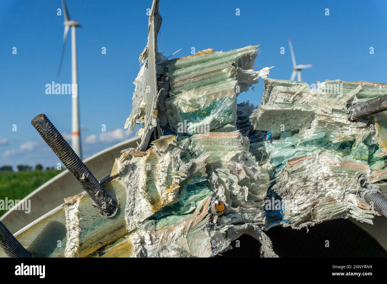 Close-up of a dismantled blade of a 23-year-old wind turbine, it ...