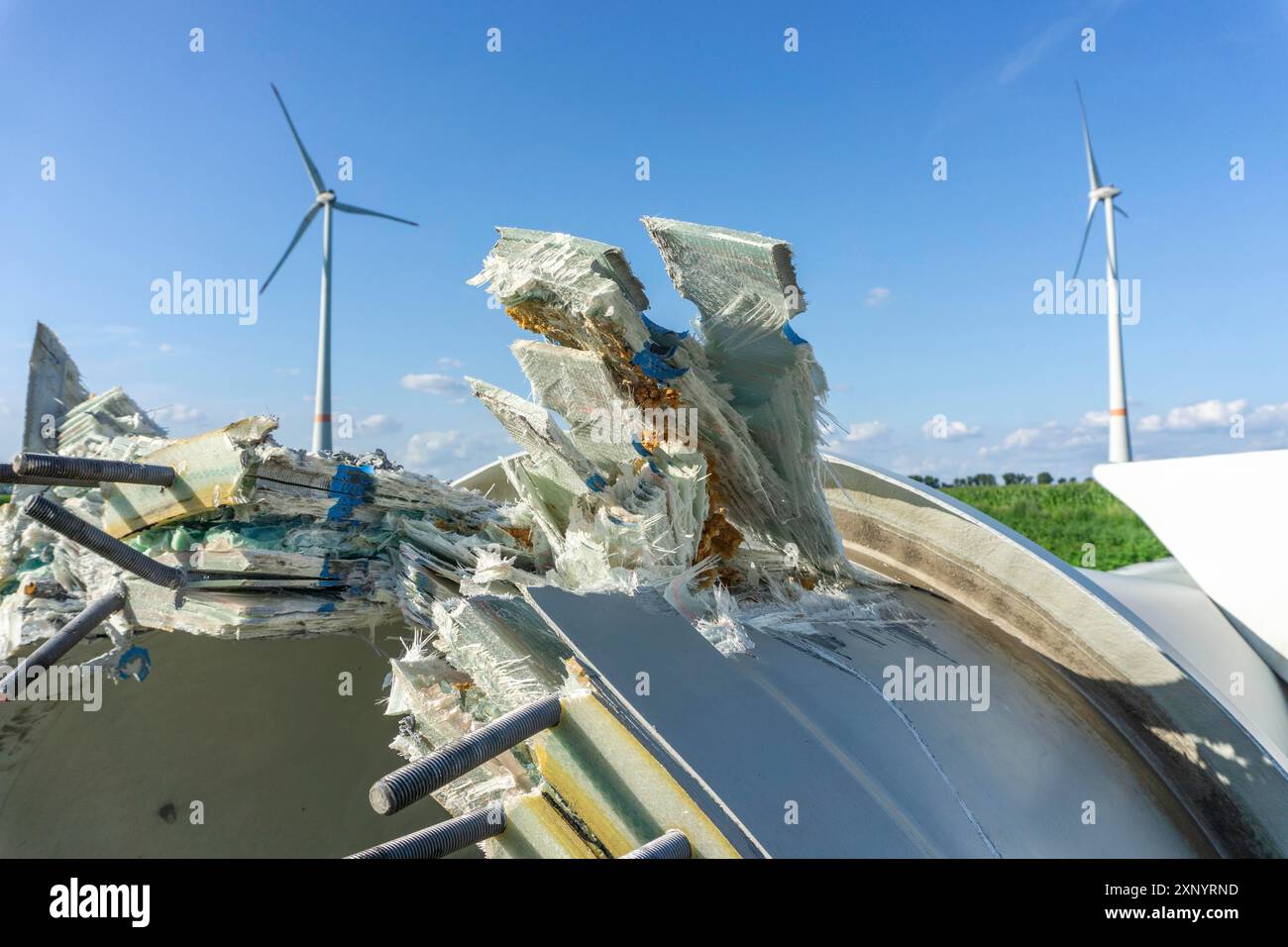 Close-up of a dismantled blade of a 23-year-old wind turbine, it ...