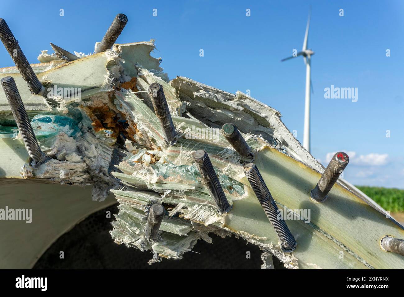 Close-up of a dismantled blade of a 23-year-old wind turbine, it ...