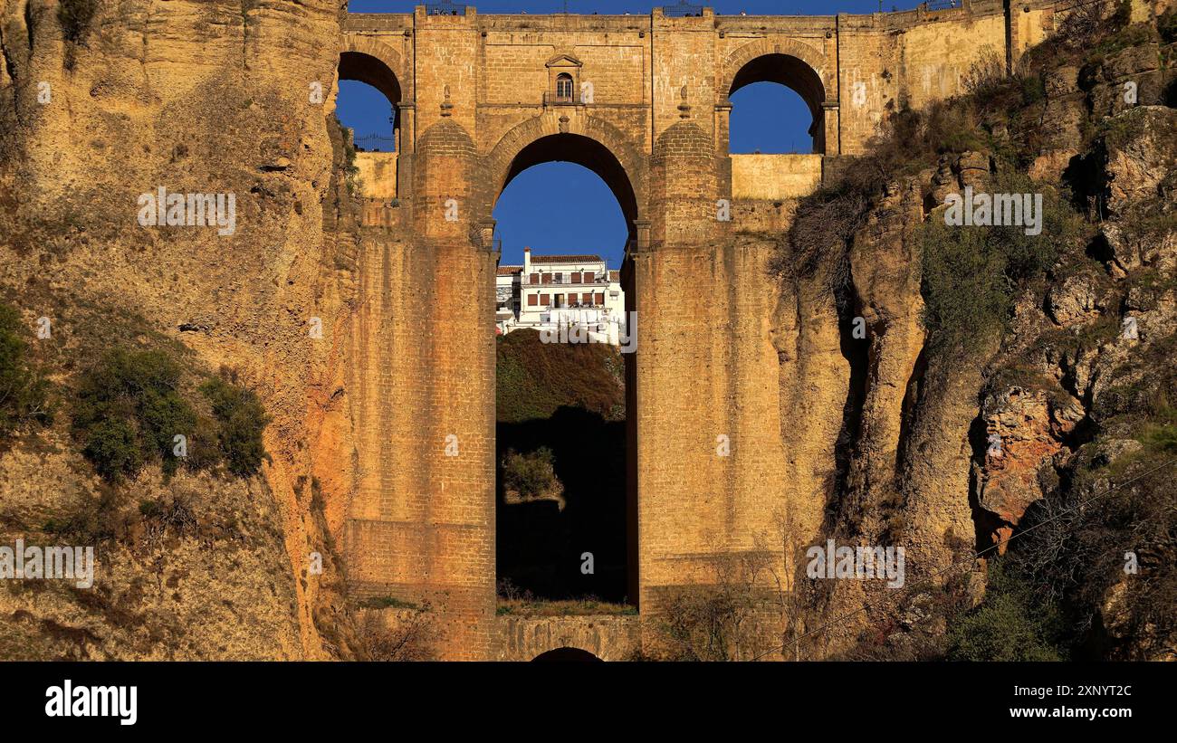 Spain, Andalusia, Malaga, Ronda, Puente Noevo stone bridge, White ...