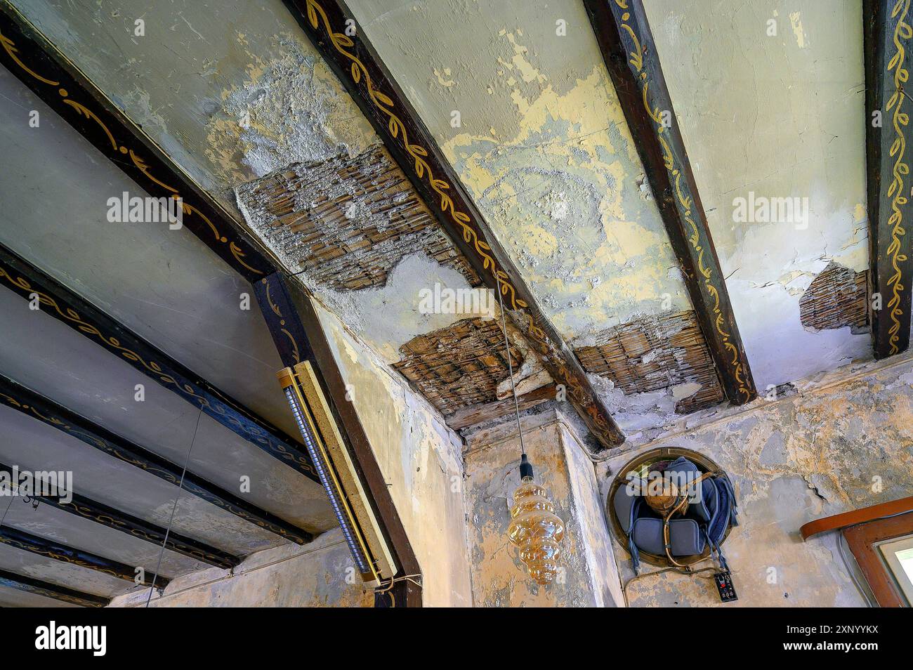 Old hall with water damage to walls and ceiling, Bavaria, Germany Stock ...