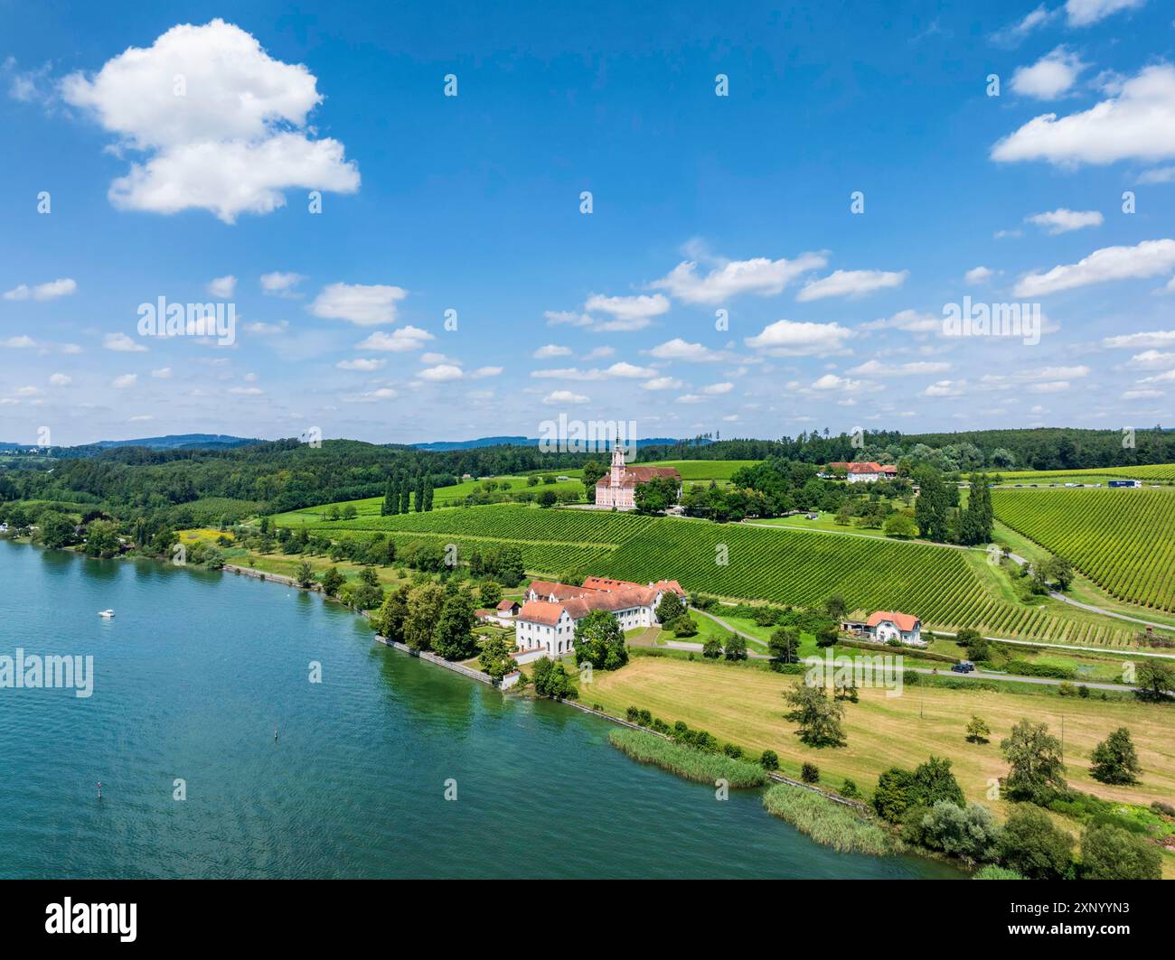 Aerial view of Maurach Castle on Lake Constance, below the Birnau ...