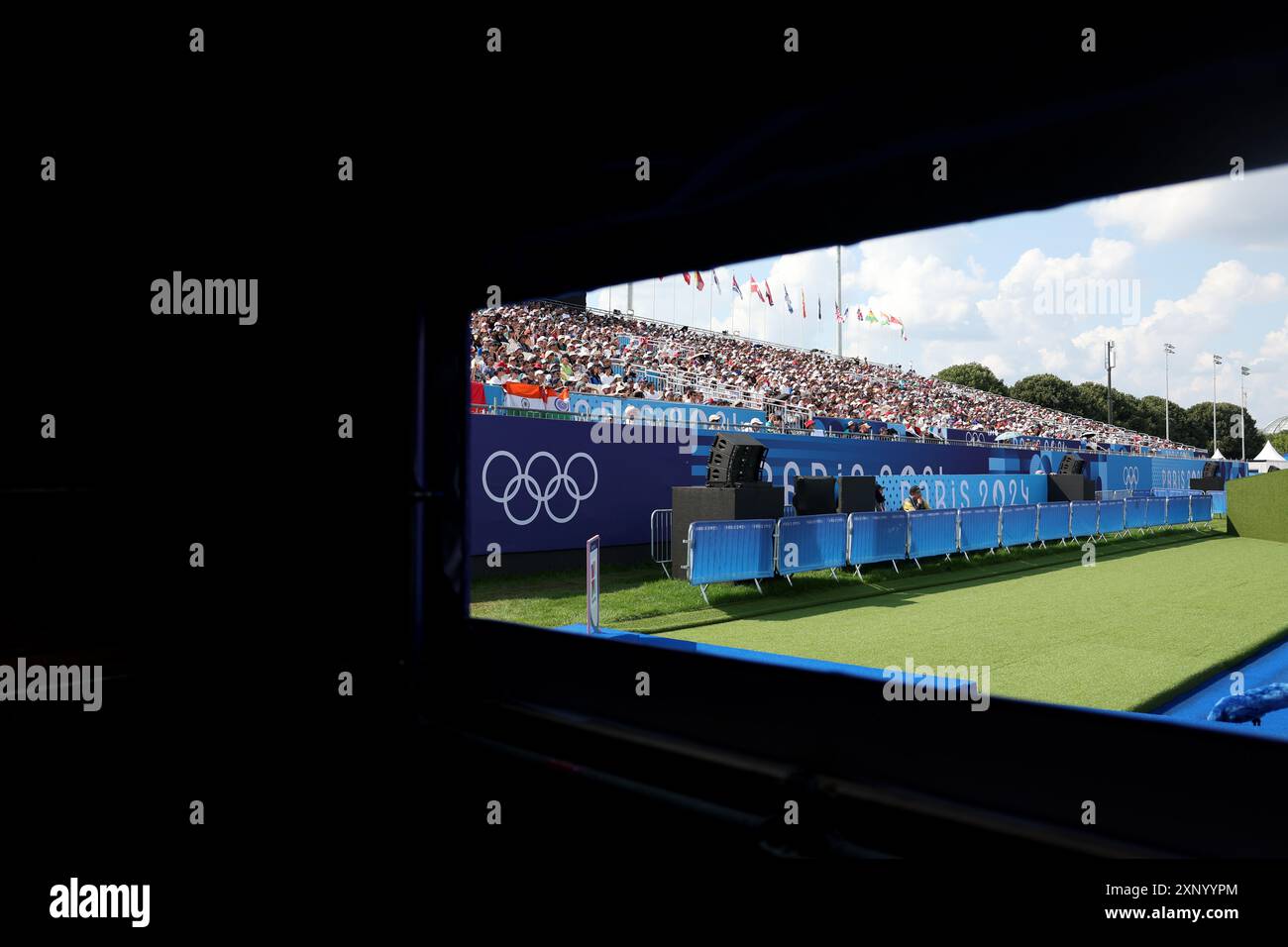 Paris, France. 2nd Aug, 2024. Spectators watch the archery mixed team ...