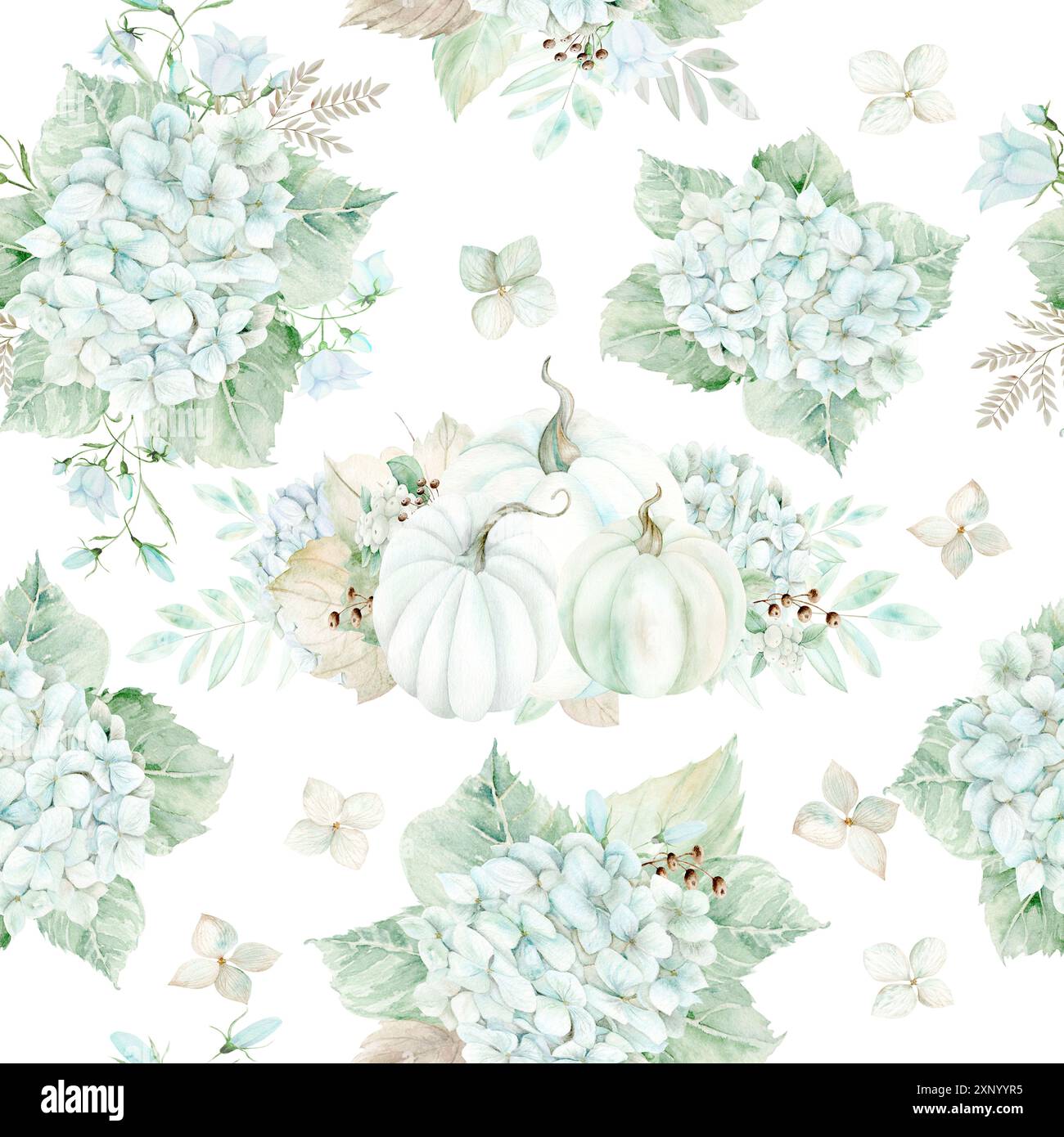 Blue Hydrangea, white Pumpkins, snowberry and field Bellflower ...