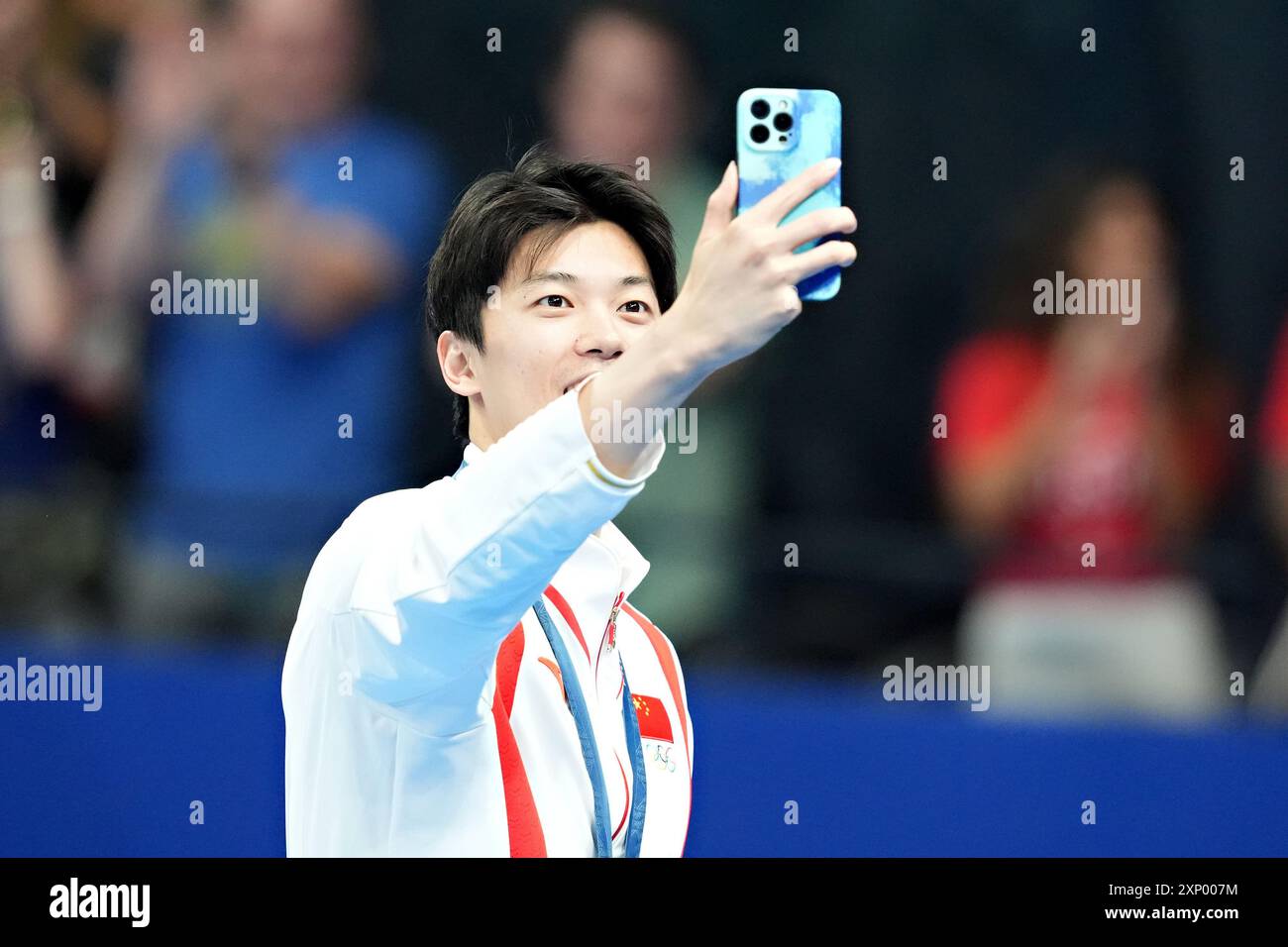 Paris, France. 02nd Aug, 2024. Men's 200m Individual Medley bronze medalist Shun Wang of China ...