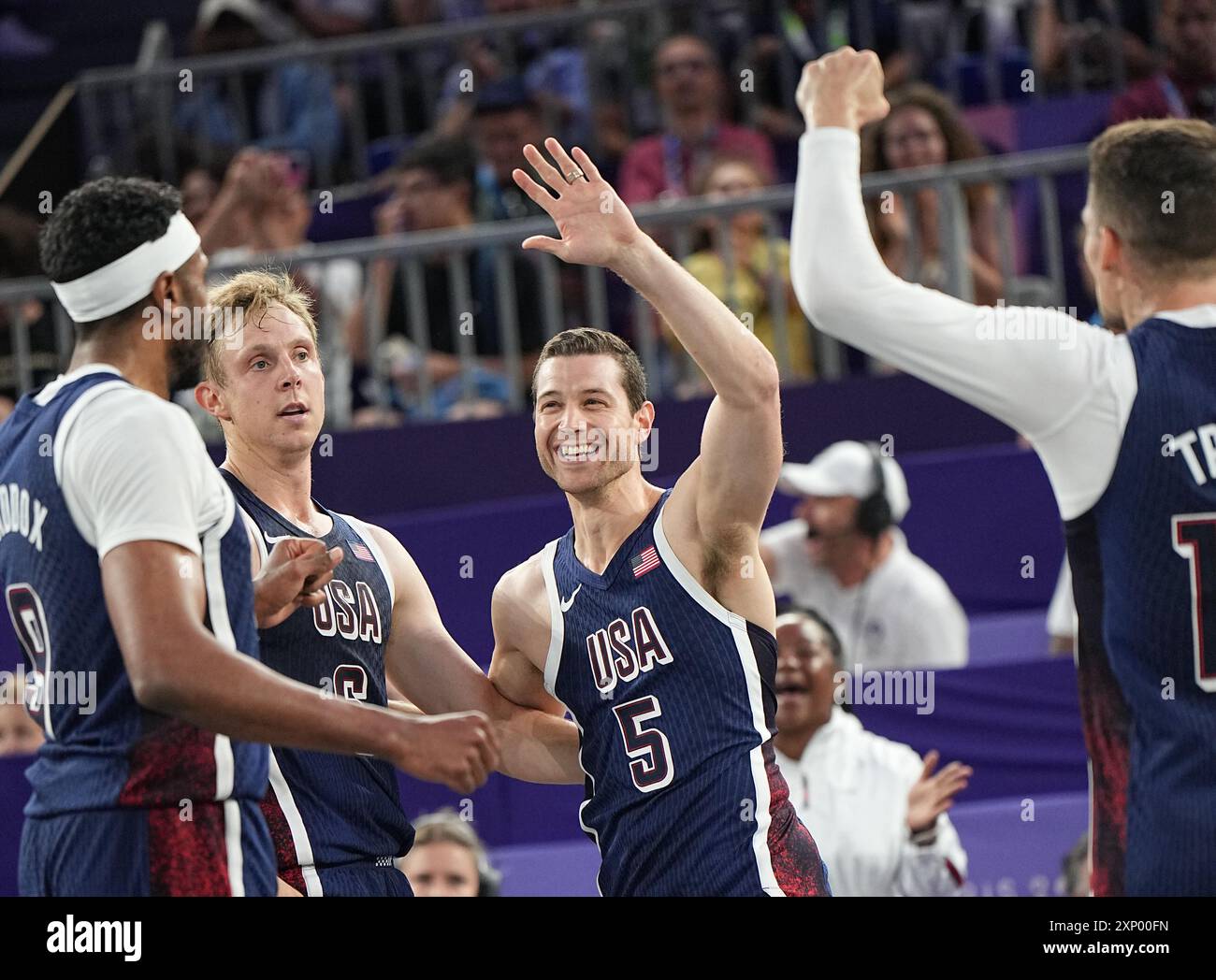 Paris, France. 2nd Aug, 2024. Players of team USA celebrate after the 3x3 basketball men's pool ...