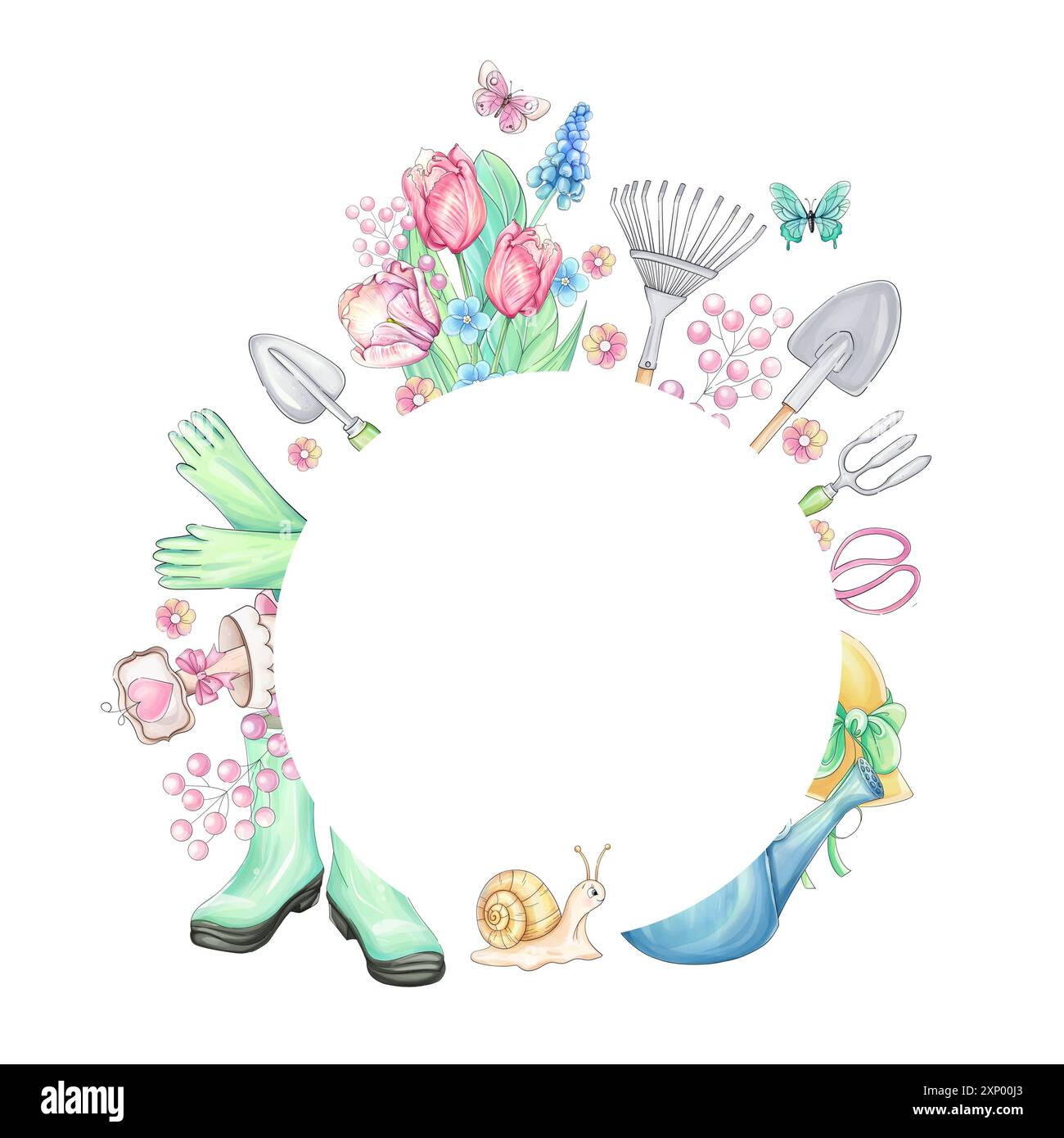 Watercolor hand draw garden circle frame for copy space. Farmer border ...