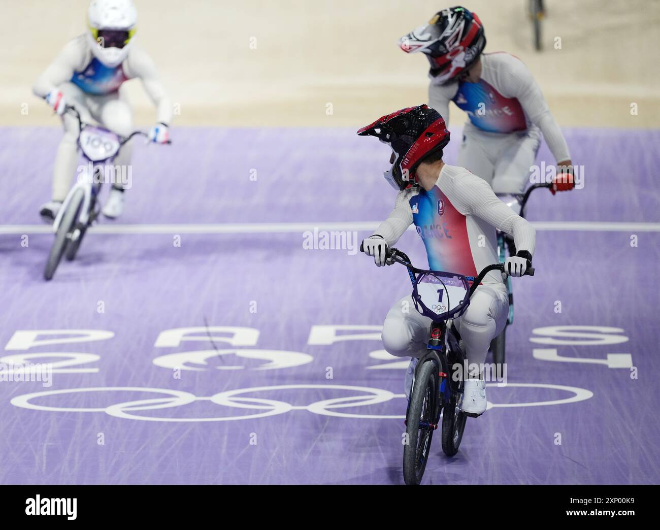 Paris, France. 2nd Aug, 2024. Joris Daudet (front) of France passes the ...