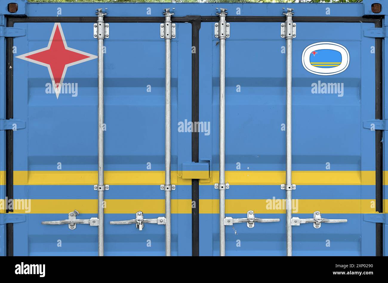 Aruba flag depicted on metal doors of shipping cargo container outdoors ...
