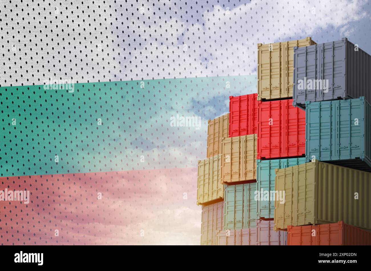 Bulgaria flag and big stack of shipping cargo containers in docks with ...