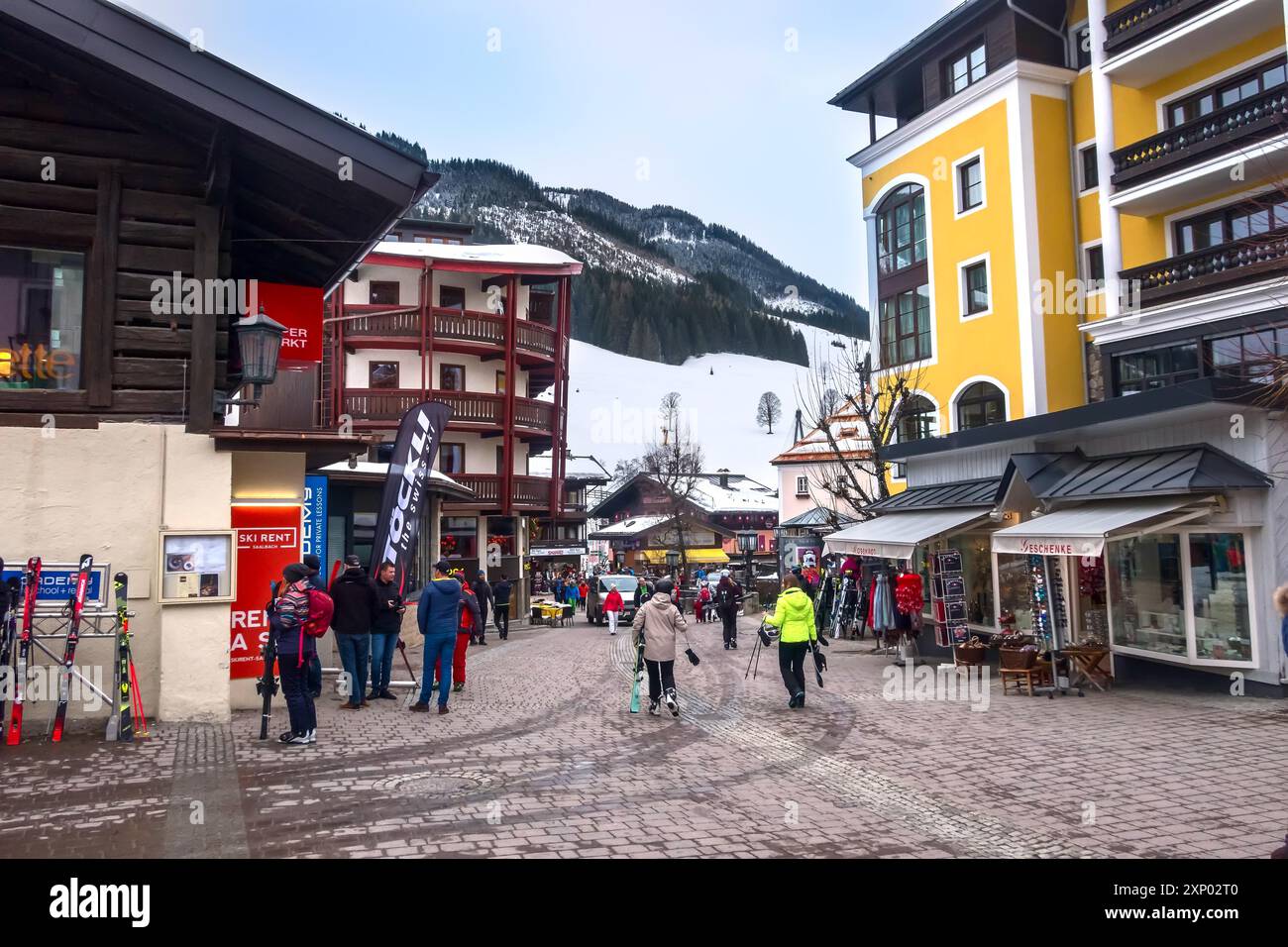 Saalbach, Austria, March 5, 2020: Town village street view in downtown ...