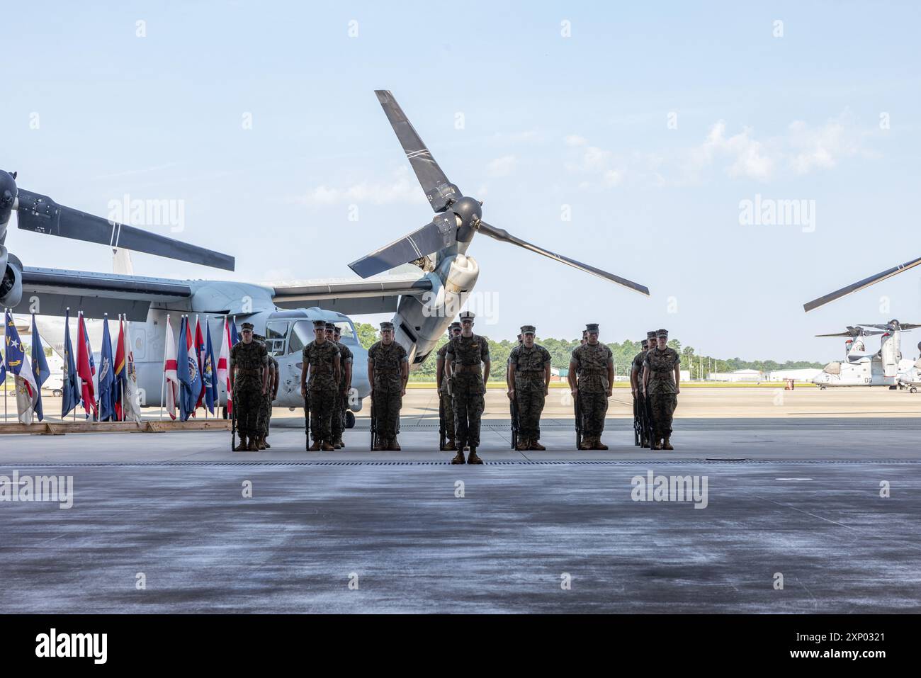 U.S. Marines with Marine Medium Tiltrotor Squadron (VMM) 263, stand in ...