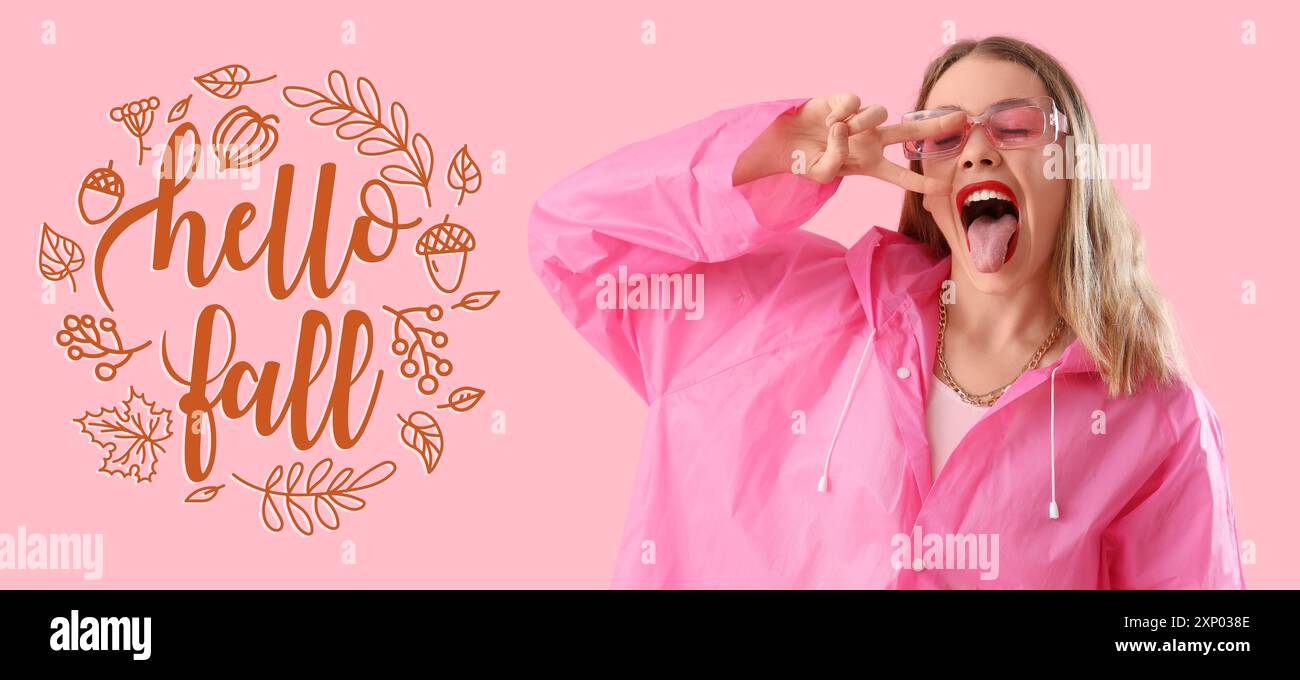 Banner with grimacing woman in raincoat. Hello fall Stock Photo - Alamy
