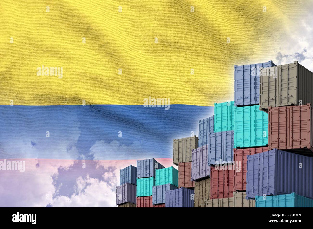 Colombia flag and big stack of shipping cargo containers in docks with ...
