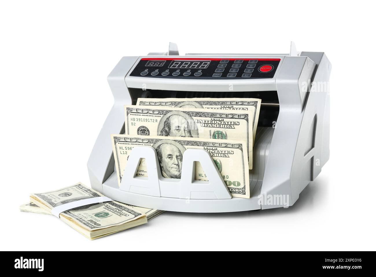 Modern cash counting machine with dollar banknotes on white background ...
