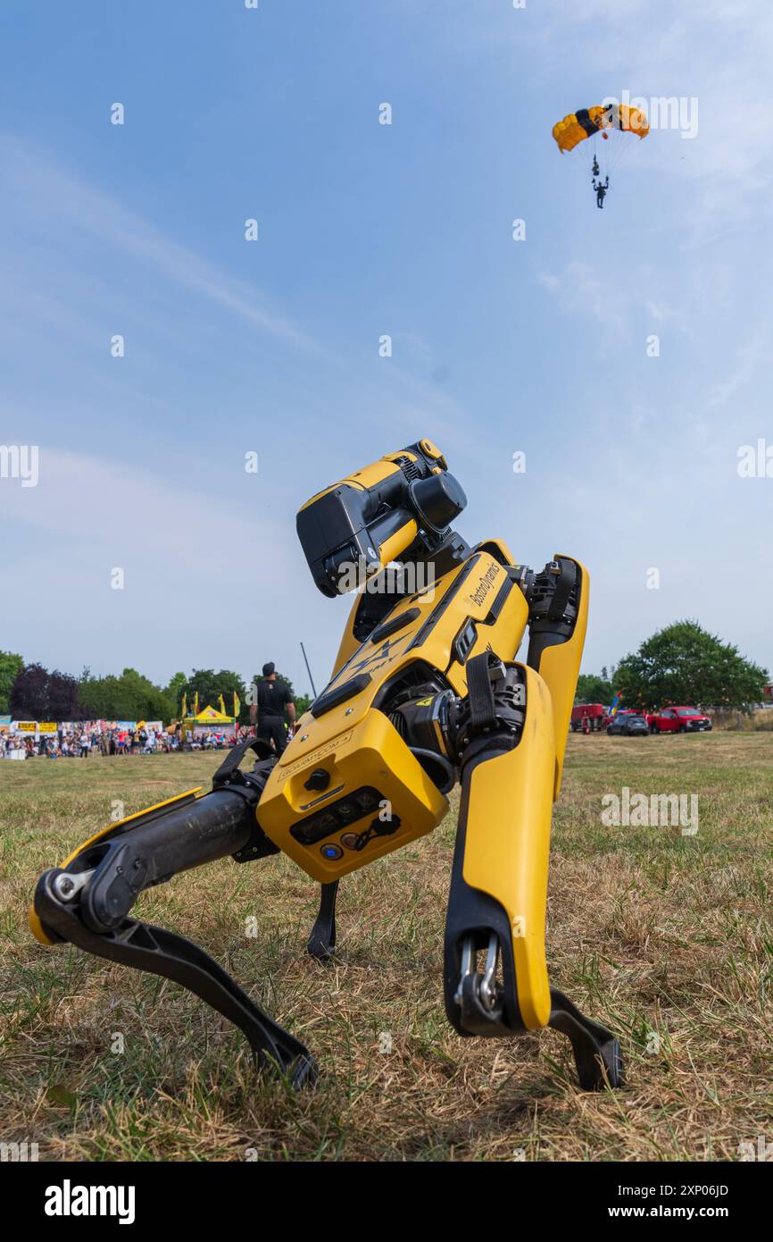 The U.S. Army robotics dogs watches as the U.S. Army Parachute Team ...