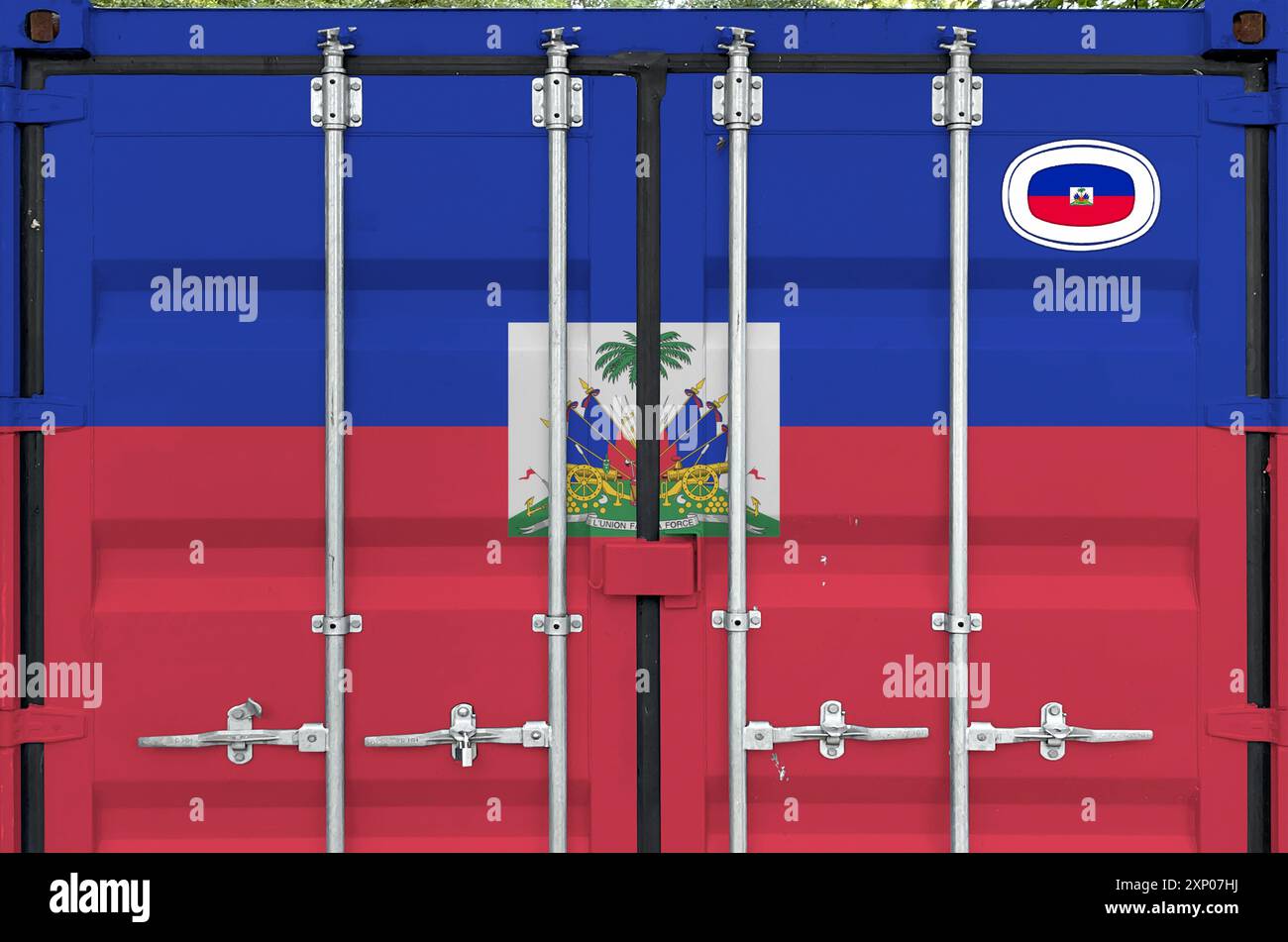 Haiti flag depicted on metal doors of shipping cargo container outdoors ...