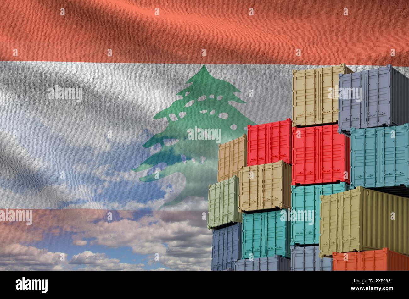 Lebanon flag and big stack of shipping cargo containers in docks with ...